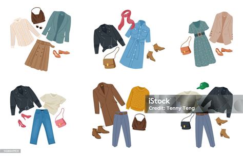 여성 패션 의상 만화 캐주얼 의류 재킷 데님 앵클 부츠 및 파우치 현대 패션은 흰색 배경에 설정된 평면 벡터 삽화를 보입니다 의복에 대한 스톡 벡터 아트 및 기타 이미지