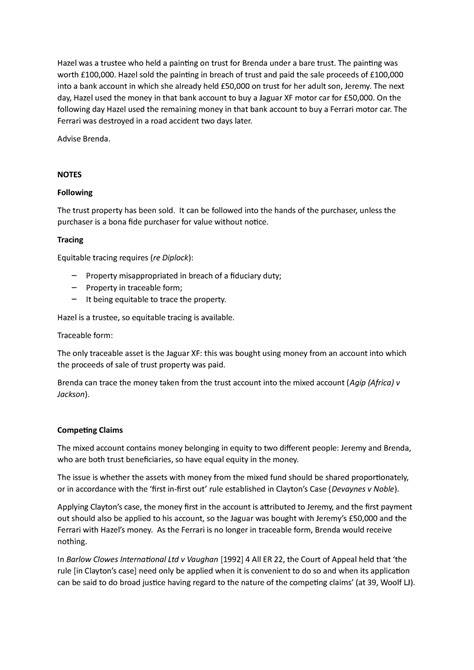 tracing problem notes seminar tasks hazel was a trustee who held a