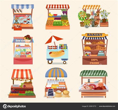 벡터 평면 디자인 거리 상점 들의 집합입니다 카운터에 신선한 음식입니다 지역 농민 시장입니다 빵집 물고기 고기 꽃