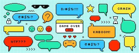 set of color pixel dialogue boxes different shape chat speech bubbles