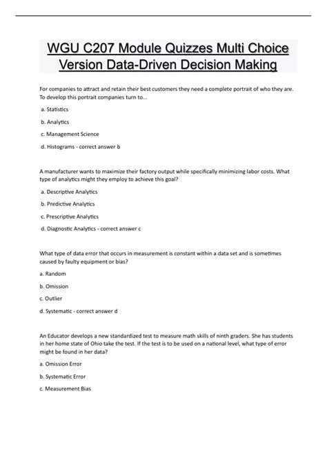 WGU C Module Quizzes Multi Choice Version Data Driven Decision Making Exam With Complete