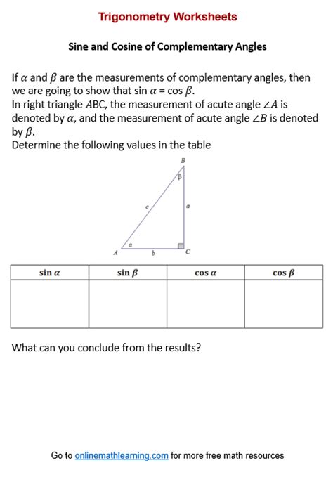 Sine Cos Of Complementary Angles Worksheets Worksheets Worksheets Library