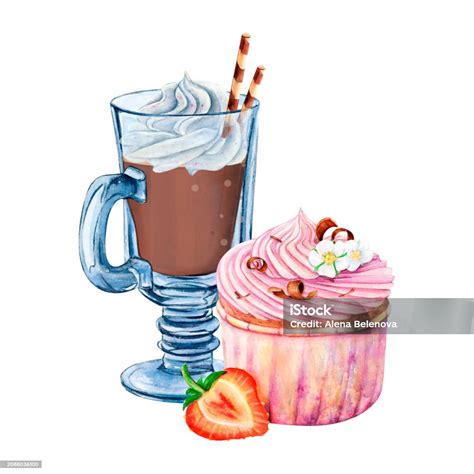 핫 초콜릿 컵 케익 머핀 크림 수채화 그림 달콤한 벽지 딸기 음료 과일 꽃 케이크입니다 휘핑 토핑 롤 스틱 코코아 다리에 완전히 투명한 유리 제품 커피 디저트 메뉴 일러스트
