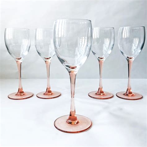 Tall Pink Stem Wine Glasses Set Of 5 French Luminarc Wine Etsy Uk Luminarc Vintage Wine
