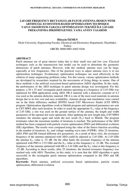 Pdf 2 45 Ghz Frequency Rectangular Patch Antenna Design With Artificial Ecosystem Based