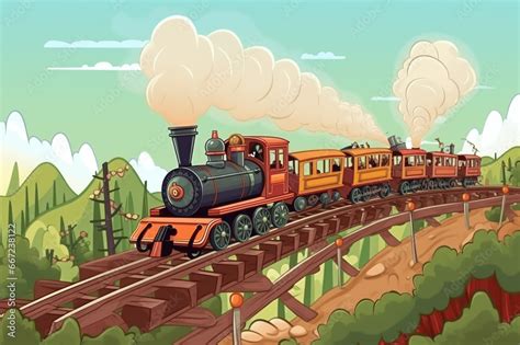 Cartoon Illustration Of A Train On A Railway The Locomotive Travels