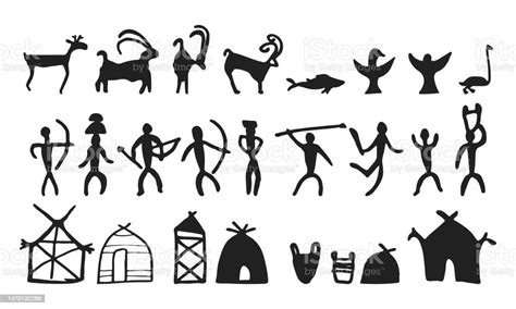 동굴 그림 선사 시대 암각화 손으로 그린 스케치 스타일 벡터 일러스트 레이 션 세트 인류학에 대한 스톡 벡터 아트 및 기타 이미지 인류학 상징 석기 시대 Istock