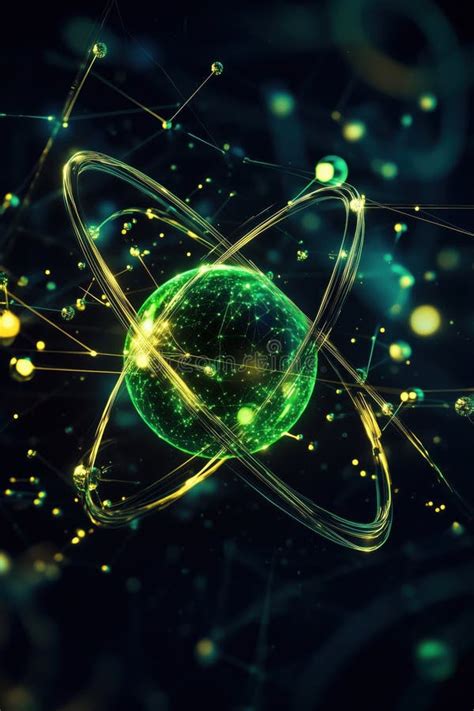 Atomic Structure Visualization With Glowing Green Nucleus And Orbiting