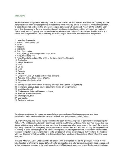 Syllabus Here Is The List Of Assignments Class By Class For Our