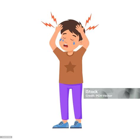심한 두통을 가진 소년 의료 환자 벡터 삽화로 귀여운 아이들 질병 증상은 흰색 배경에 만화 아이입니다 건강 감기와 독감에 대한 스톡 벡터 아트 및 기타 이미지 Istock