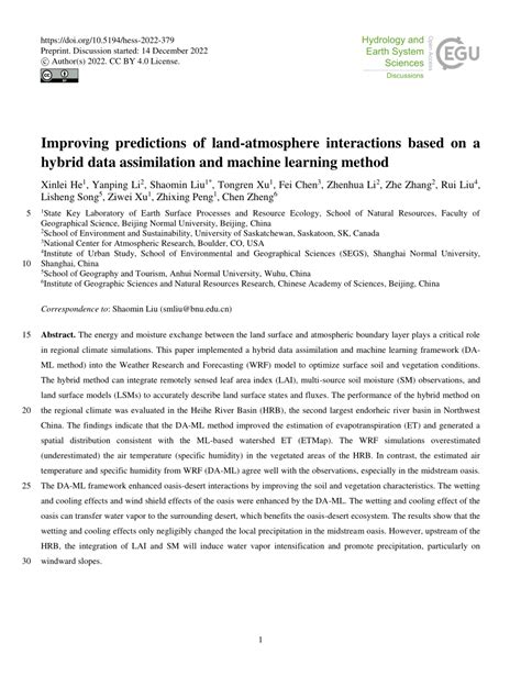 Pdf Improving Predictions Of Land Atmosphere Interactions Based On A Hybrid Data Assimilation