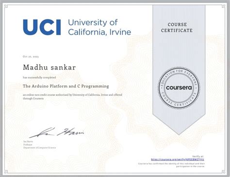 Certificate For Completing The Arduino Platform And C Programming In