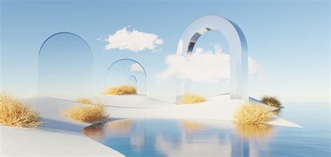 초현실적 인 아름 다운 꿈의 땅 배경입니다 기하학적 아치가 있는 겨울 시즌 풍경의 추상 모래 언덕 물과 자연 흐린 하늘이 있는 환상의 섬 풍경 금속 거울 아치3d 렌더링 0