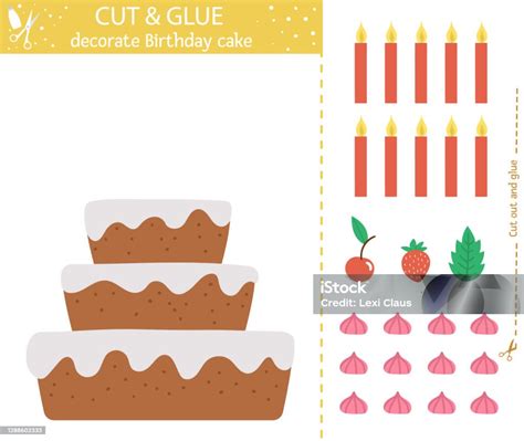 벡터 생일 파티 컷 및 접착제 활동 귀여운 디저트 양초와 장식 휴일 교육 공예 게임 아이들을위한 재미있는 활동 사탕 바 일러스트레이션 생일 케이크 장식 생일 케이크에 대한
