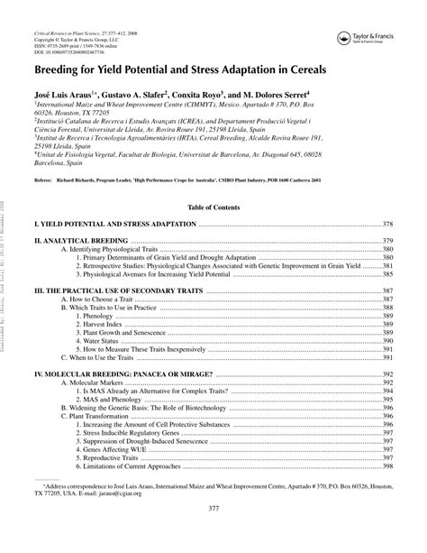 Pdf Breeding For Yield Potential And Stress Adaptation In Cereals