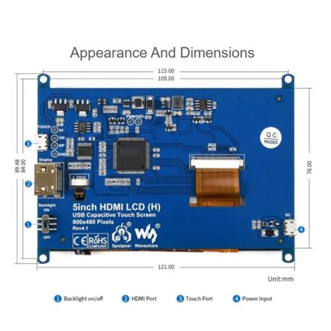 Waveshare 5inch 800Ã 480 HDMI Capacitive Touch Screen LCD H Display Slimmed down Version V4