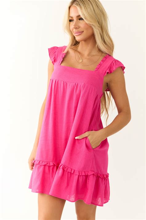 Magenta Ruffle Sleeve Open Back Short Dress Lime Lush Boutique