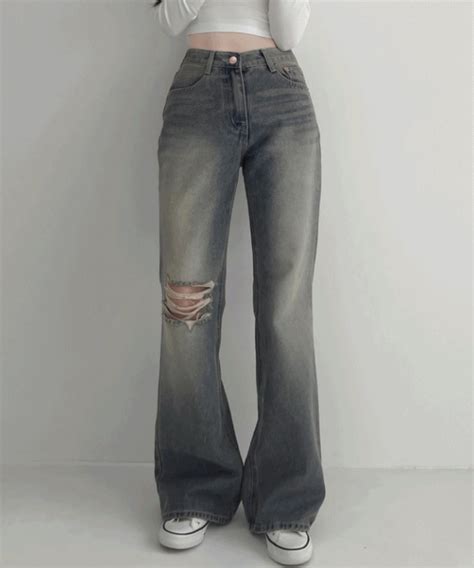 [모델강추 핏보장] 데미지 구제 빈티지 무릎 트임 세미 부츠컷 롱 와이드 데님 팬츠 에이블리