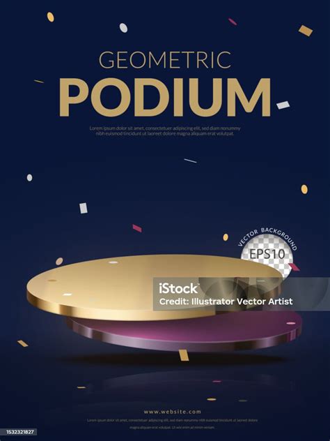 화장품을 전시하기 위한 3d 무대 파란색 배경에 색종이 조각이 떠 있는 원통형 금색과 보라색 연단 벡터 그림 3차원 형태에 대한 스톡 벡터 아트 및 기타 이미지 Istock