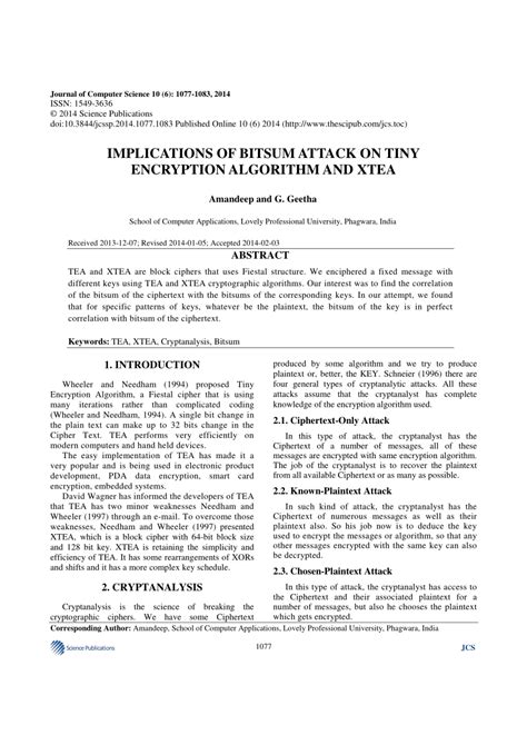 Pdf Implications Of Bitsum Attack On Tiny Encryption Algorithm And Xtea
