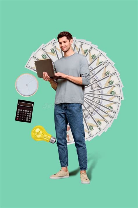 Vertical Collage Image Of Mini Positive Successful Guy Use Netbook
