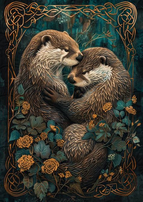 어두운 배경에 청록색과 구리색이 어우러진 켈트 실버 노트워크 스타일의 두 마리 수달이 얽힌 태피스트리입니다