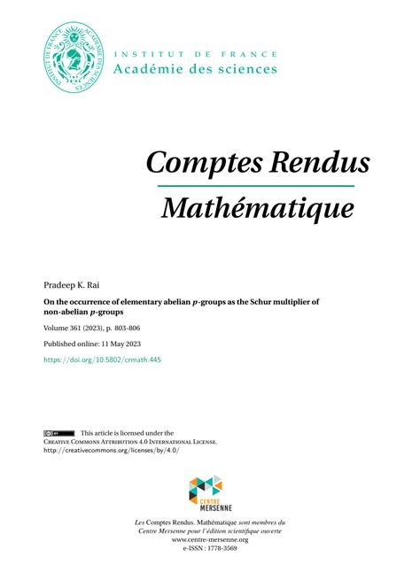 Pdf On The Occurrence Of Elementary Abelian P Groups As The Schur Multiplier Of Non Abelian P