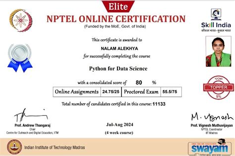 Alekhya Nalam On Linkedin Datascience Python Nptel Lifelonglearning Achievement Toptoppers
