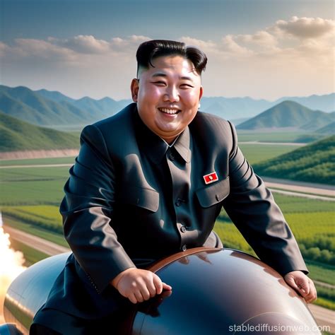 Kim Jong Un Smiling Happily And Glowing Sitting On A Flying Rocket