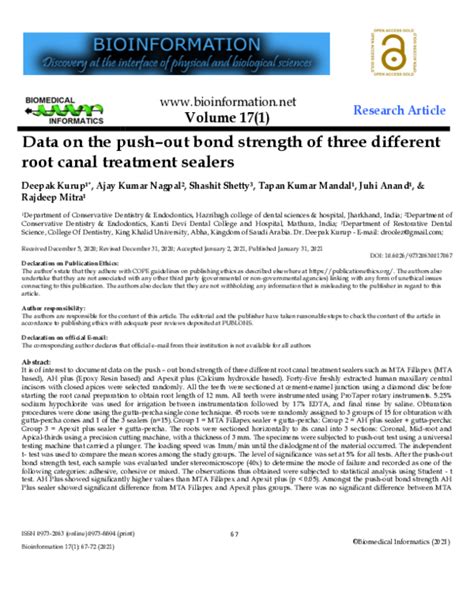 Pdf Data On The Push Out Bond Strength Of Three Different Root Canal