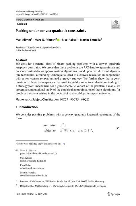 Pdf Packing Under Convex Quadratic Constraints
