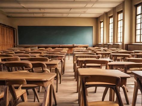 Vintage Wooden Lecture Chairs And Tables In Classroom Interior Stock Vintage Wooden Lecture Chairs And Tables In Classroom Interior Stock