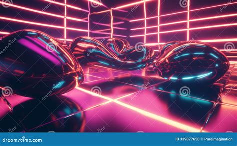 Shiny Metallic Objects In A Neon Lit Grid Room Stock Illustration Illustration Of Style Pink