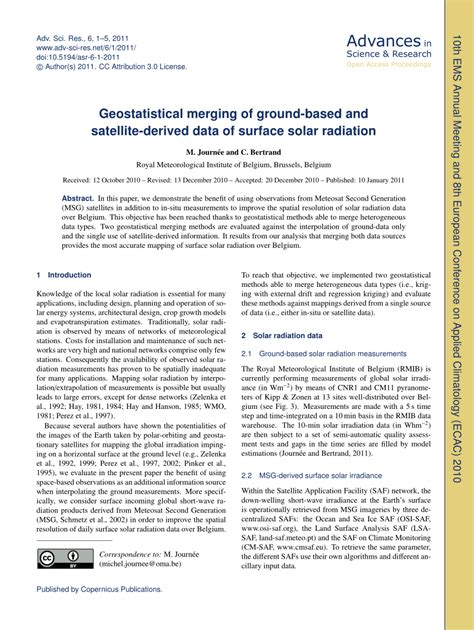 Pdf Geostatistical Merging Of Ground Based And Satellite Derived Data Of Surface Solar Radiation