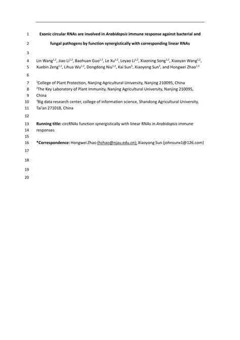 Pdf Exonic Circular Rnas Are Involved In Arabidopsis Immune Response Against Bacterial And