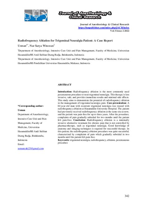 Pdf Radiofrequency Ablation For Trigeminal Neuralgia Patient A Case Report