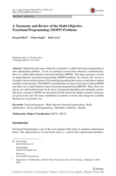 A Taxonomy And Review Of The Multi Objective Fractional Programming
