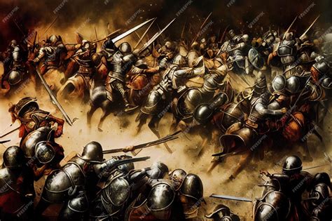 전장 장면 배경 디지털 삽화에서 싸우는 전사들과의 장대한 중세 전투 프리미엄 사진