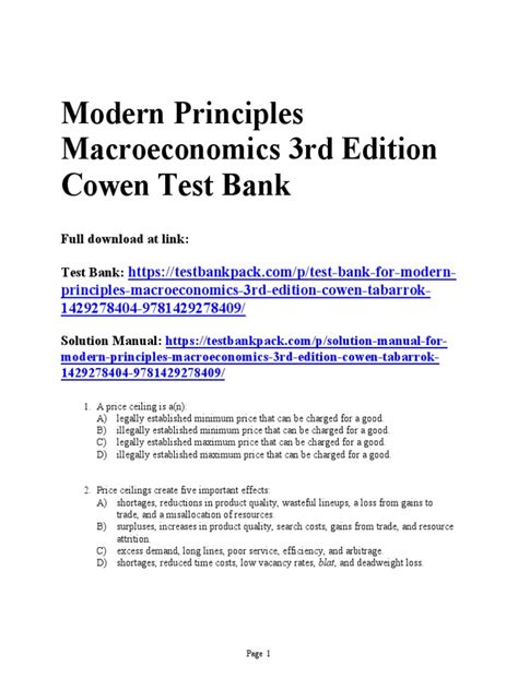 Modern Principles Macroeconomics 3rd Edition Cowen Test Bank 1 Pdf Economic Surplus