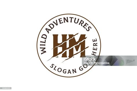 스크래치 효과와 원형 씰 브라운 Hm 문자 템플릿 로고 디자인 갈고리 발톱에 대한 스톡 벡터 아트 및 기타 이미지 갈고리