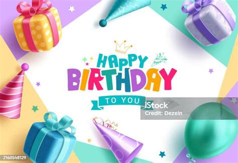 생일 축하합니다 인사말 벡터 템플릿 디자인 선물 상자 파티 모자 풍선 및 별 장식이 있는 생일 인사말 텍스트 0명에 대한 스톡