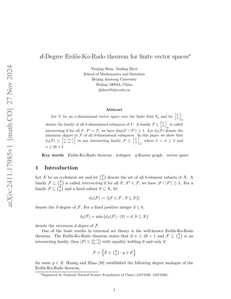 Pdf D Degree Erdh O S Ko Rado Theorem For Finite Vector Spaces