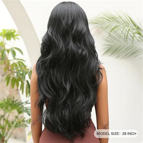 Natural Looking Long Black Wig Bangs Wavy Curly Synthetic Temu