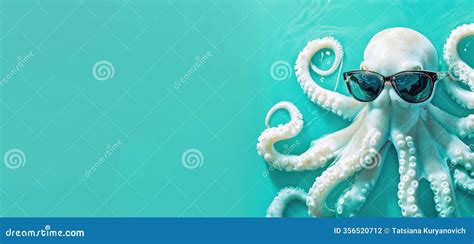 Octopus Wearing Sunglasses Vibrant Turquoise Background Playful