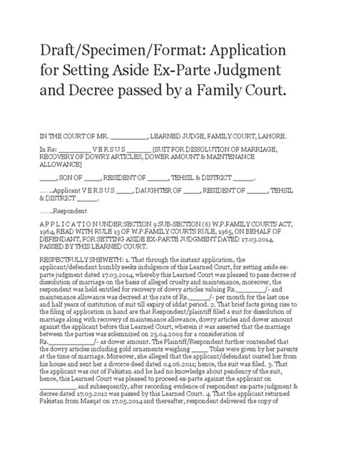 Application For Setting Aside Ex Parte Judgment And Decree Passed By A