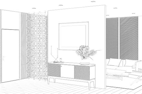 연석 위에 수평 포스터가있는 고급스러운 거실의 스케치 문 벽 패널 장식 파티션 배경에 커피 테이블이있는 소파 3차원 형태에 대한 스톡 사진 및 기타 이미지 Istock