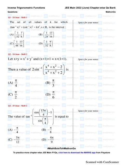 Inverse Trigonometric Functions Jee Main 2022 Chapter Wise Questions By Mathongo Pdf