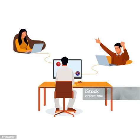 함께 연결하는 사람들 원격 회의로 온라인으로 학습 또는 모임 랩톱 컴퓨터에서 원격 작업하는 화상 회의 집과 어디서나 작업 새로운 표준 개념 벡터 일러스트레이션 일함에 대한