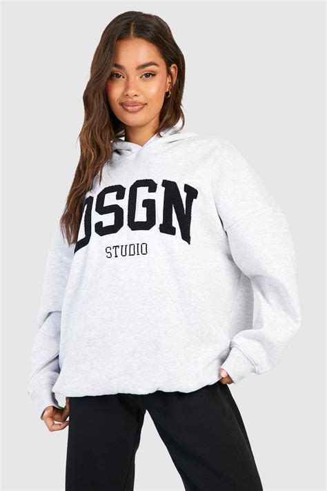 Ash Grey Dsgn Studio Towelling Applique Oversized Hoodie Boohoo Uk