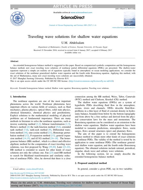 Pdf Traveling Wave Solutions For Shallow Water Equations